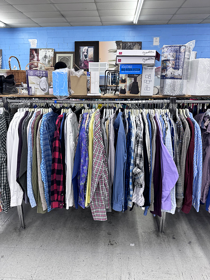 Men's shirt section: a plaid and pattern paradise where business casual meets vacation vibes at prices that'll leave room in your wallet.
