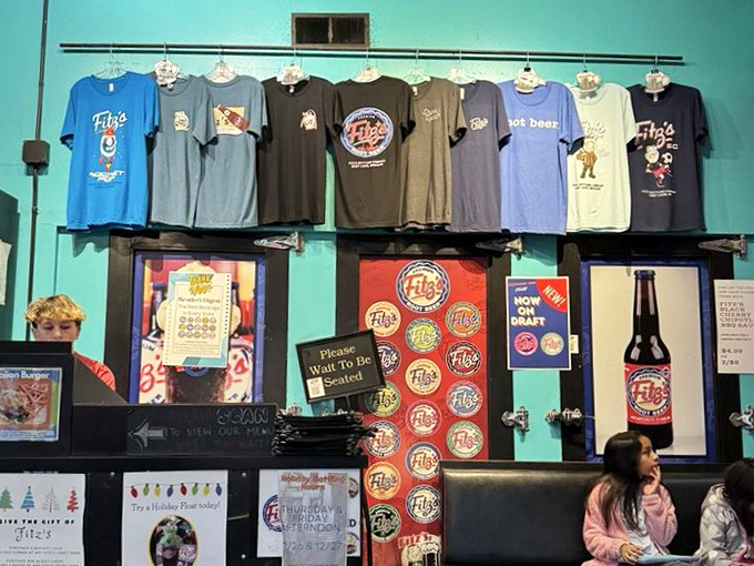 The merch wall at Fitz's lets you take home memories that won't disappear as quickly as that burger did. Calories fade, t-shirts are forever.