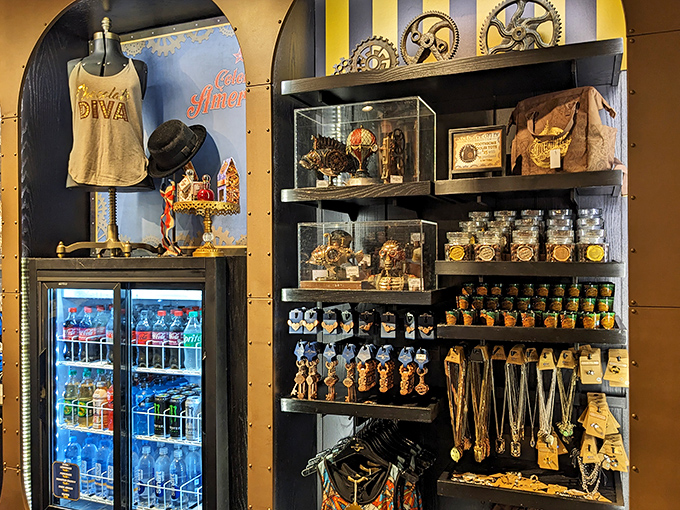 The merchandise area doesn't just sell souvenirs&mdash;it sells the dream of taking home a piece of this fantastical world. That tank top says "chocolate diva" in all of us.