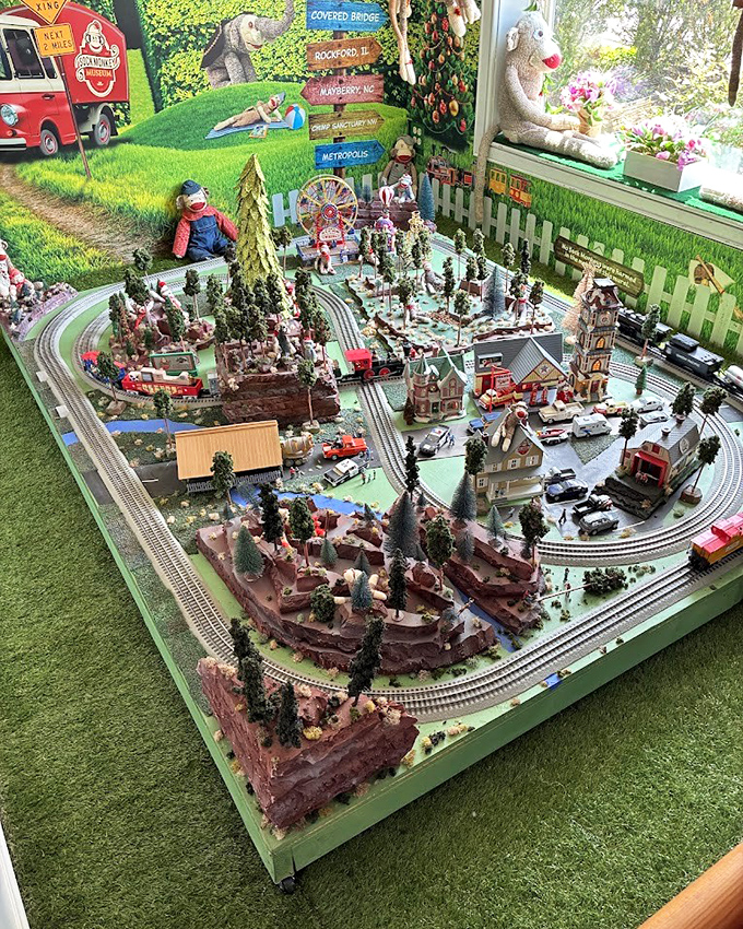 Miniature worlds collide in this elaborate train display where sock monkeys oversee their own bustling community. Thomas would be jealous.