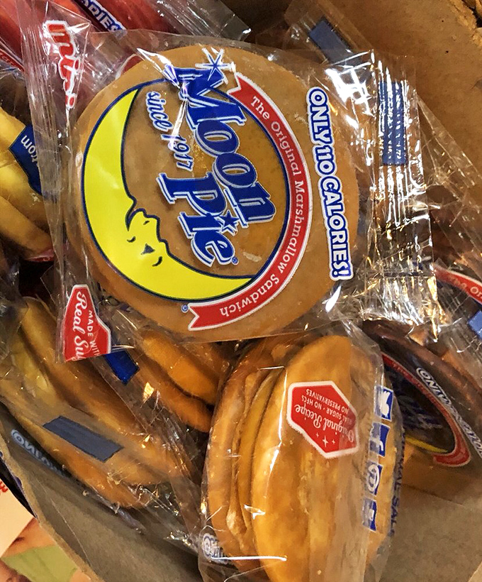 Moon Pies: The unofficial state snack of Tennessee, displayed with the reverence usually reserved for fine jewelry or rare artifacts.
