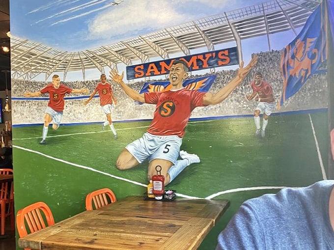 A soccer-themed mural that celebrates Cincinnati's growing love affair with the beautiful game &ndash; and beautiful burgers.
