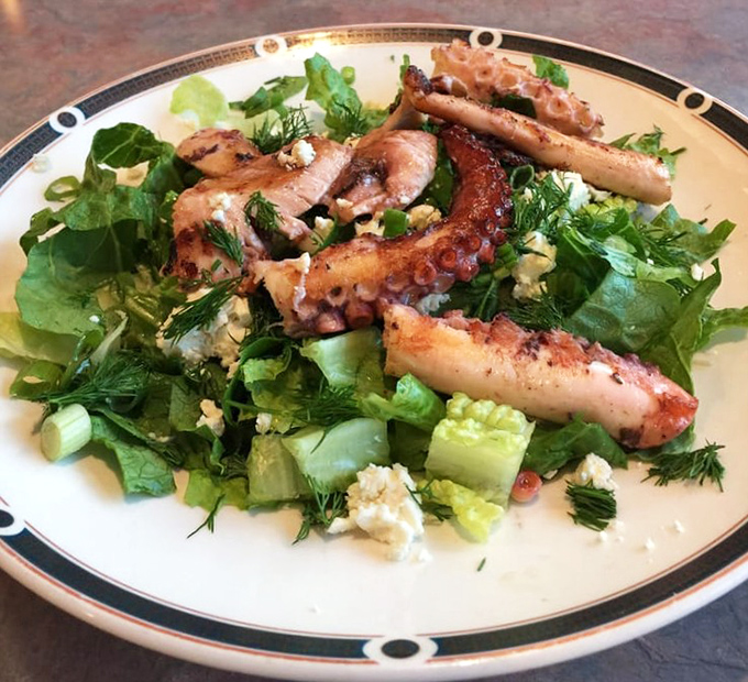 This octopus salad proves diners aren't just about burgers and fries. Tender tentacles nestled among greens&mdash;Mediterranean influence swimming right into Queens.