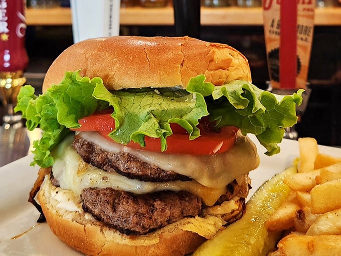 This double-decker burger situation is what happens when beef patties decide to throw their own party.