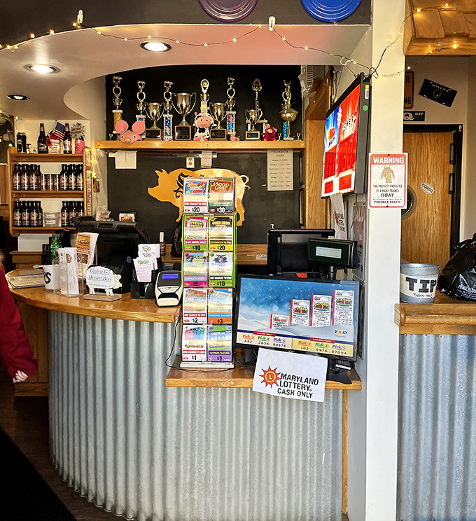 The counter where barbecue dreams come true. Those trophies aren't just decoration&mdash;they're battle scars from smoke-filled competitions.