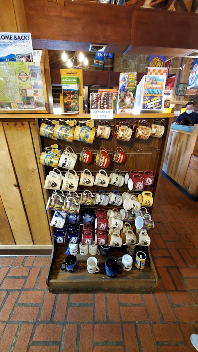 Souvenir mugs that promise to transport you back to pancake paradise with every morning coffee at home. Memory vessels with handles.