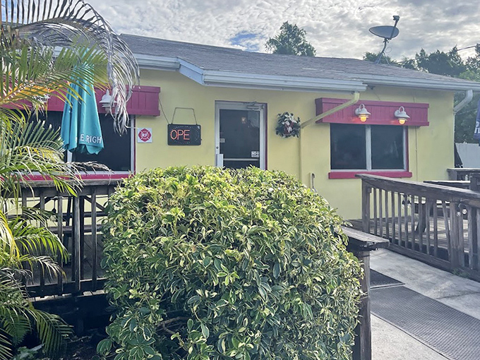 The exterior view reveals Leo's true Florida character – a place where palm fronds provide nature's awning for this humble culinary treasure.