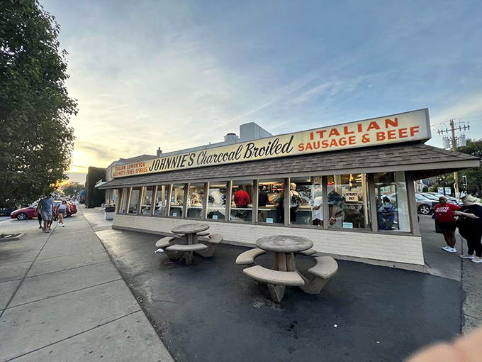 Johnnie's at sunset&mdash;when the golden hour makes even a humble beef stand look like a Hollywood set.