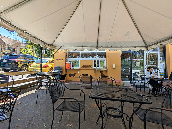 The covered patio at Crossroads&mdash;where Richmonders debate the merits of iced versus hot coffee while pretending they're not eavesdropping on the next table.