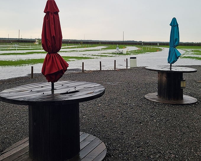 After heavy rain, even the viewing area takes an intermission – Nebraska weather adding its own dramatic plot twists.