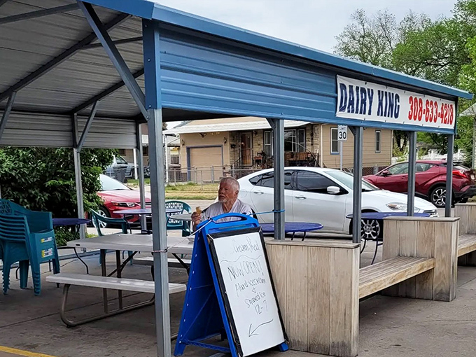 Al fresco dining, Nebraska-style. This covered patio turns simple picnic tables into the perfect stage for ice cream euphoria.