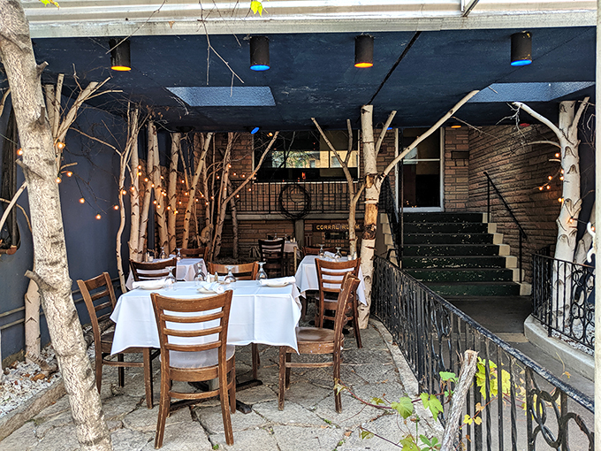 The outdoor dining area transforms urban concrete into a woodland retreat, complete with birch trees and twinkling lights.