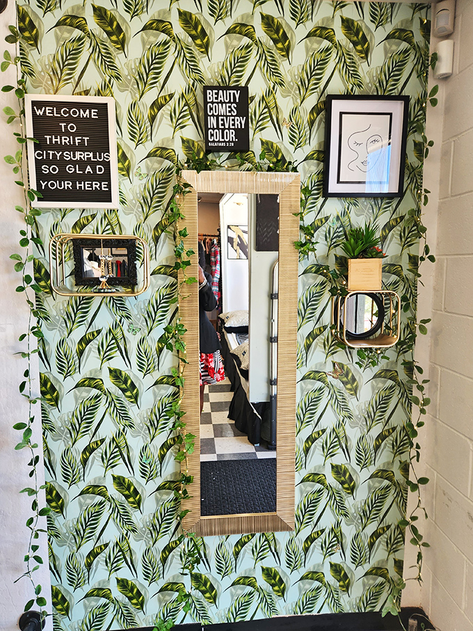 "Welcome to Thrift City" indeed! This tropical-inspired entrance area sets the tone for the adventure that awaits.