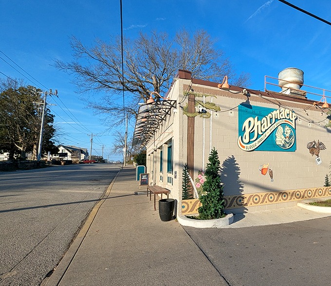 Morning light bathes The Pharmacy's exterior in a glow that seems to whisper, "Yes, it's perfectly acceptable to crave a burger at 10am."