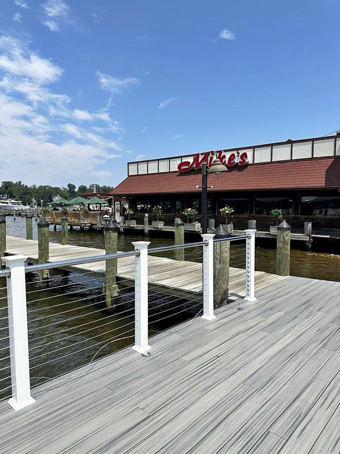 Mike's iconic red sign beckons from across the water, promising seafood salvation to boaters and landlubbers alike. Some navigational aids guide ships; this one guides appetites.