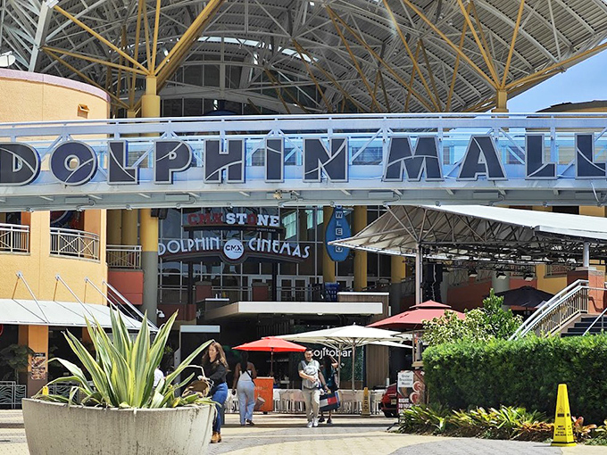 Another angle of Dolphin Mall's inviting entrance, where Miami sunshine meets air-conditioned shopping bliss.