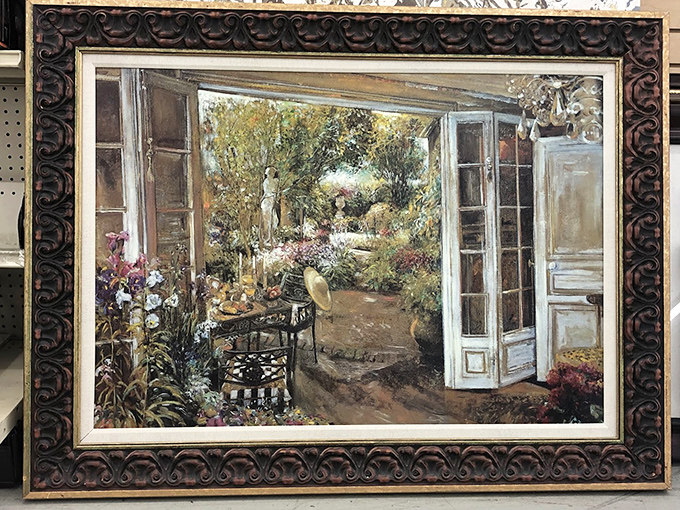 Art that transforms blank walls into conversation pieces. This garden scene painting practically adds another room to your house through visual trickery.