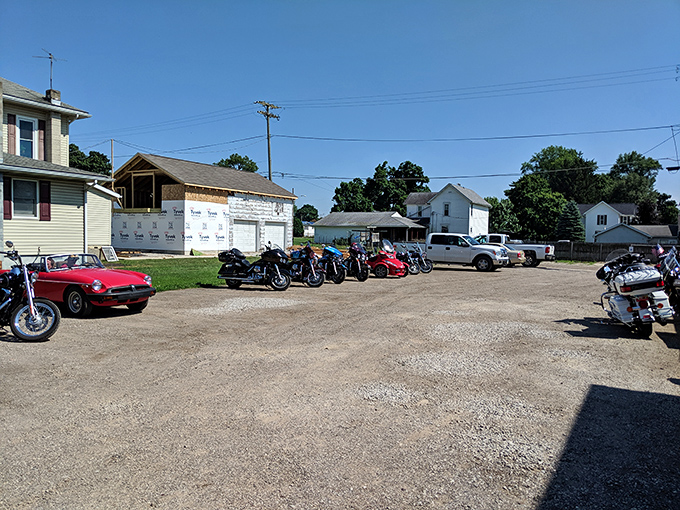 The parking lot tells its own story &ndash; motorcycles, cars, and trucks sharing space just like the diverse crowd inside sharing good food.