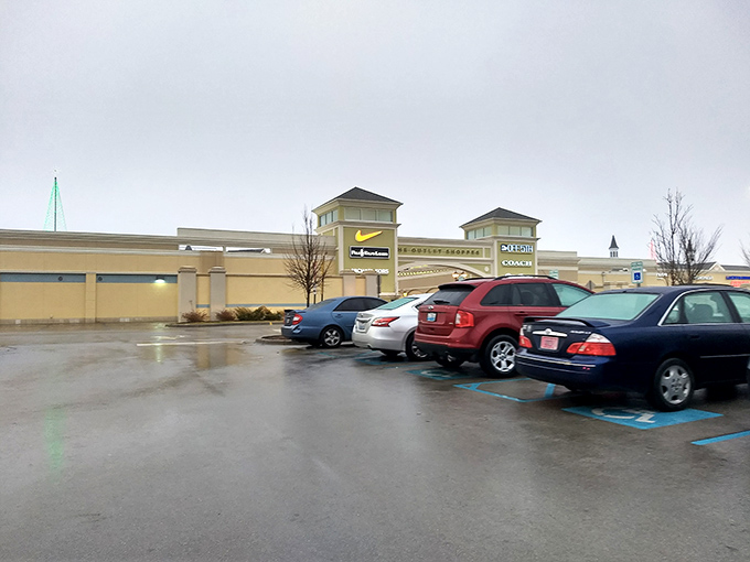 Even on a gray day, the promise of Nike and Calvin Klein treasures makes this parking lot the gateway to bargain paradise.