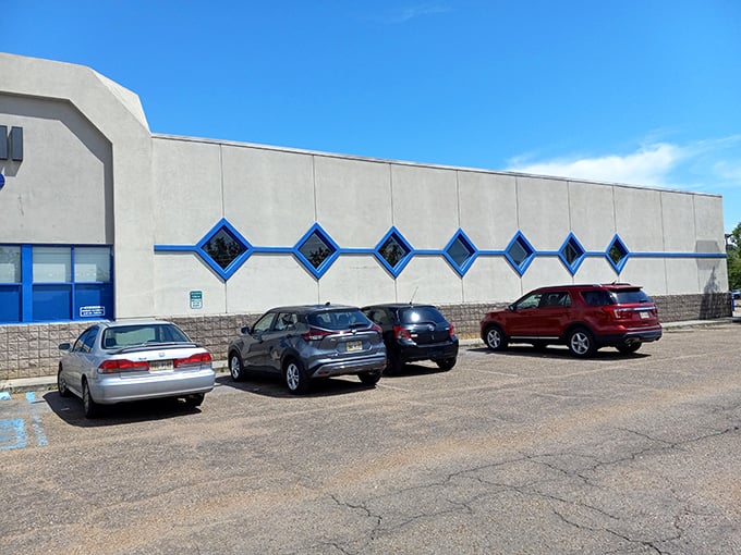 The distinctive blue diamond accents add mid-century flair to this temple of second chances and sustainable shopping.