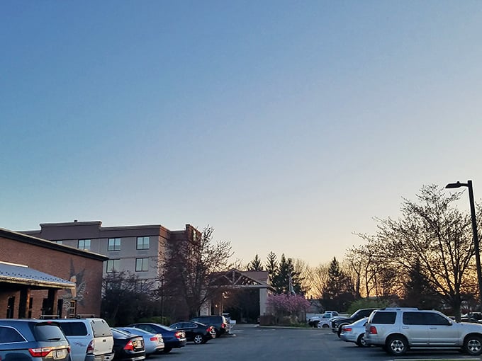 Even the parking lot has that "you've arrived somewhere special" quality, especially as the Pennsylvania sunset paints the sky.
