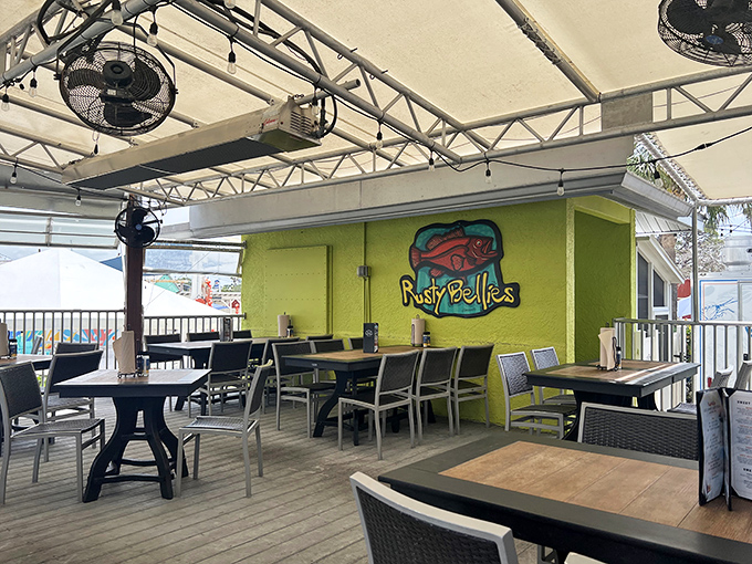 The covered patio offers front-row seats to waterfront dining without the sunburn tax that usually comes with such prime real estate.
