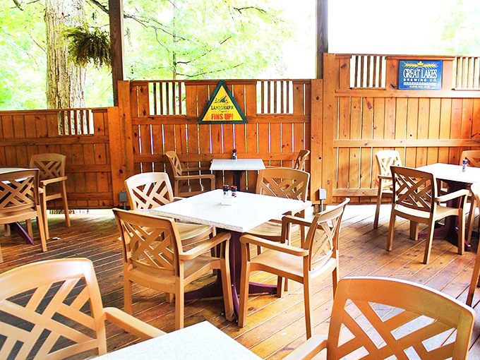 The screened patio offers woodland dining where nature provides the ambiance and Great Lakes Brewing Company provides liquid refreshment.