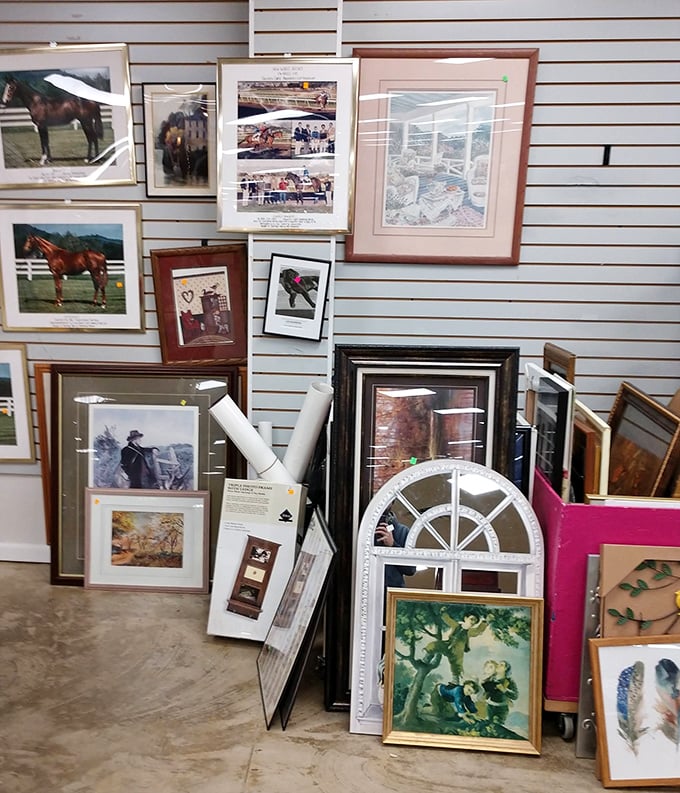 A gallery wall in the making. These frames hold everything from equestrian scenes to landscapes, waiting for your personal touch.