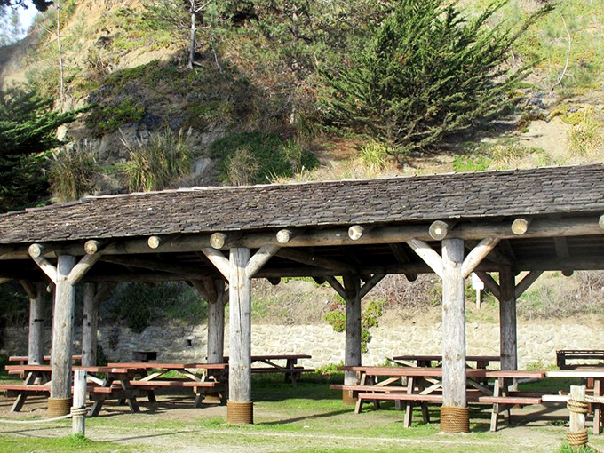 Rustic picnic shelters provide gathering spaces for celebrations, where ocean breezes cool the air and memories warm the heart.