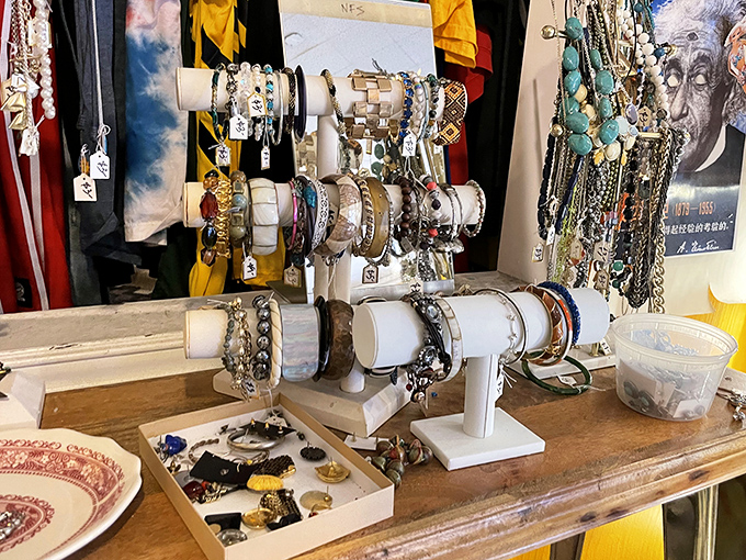 Jewelry displays showcase decades of adornment trends, from chunky '80s bangles to delicate vintage brooches your grandmother coveted.