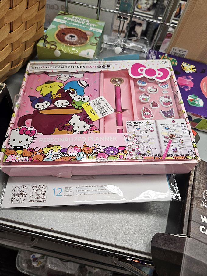 Hello Kitty planning supplies that someone outgrew but still spark joy. Organization has never looked so adorably unnecessary.