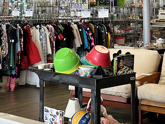 A still life of plastic bowls and forgotten furniture&mdash;the modern equivalent of a Renaissance painting titled "Tuesday's Donations."