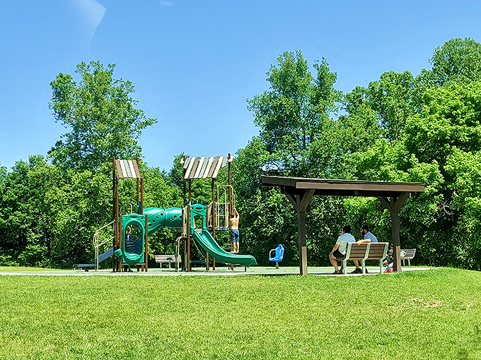 Even in nature's playground, kids still need slides and swings—though the surrounding Ozark views outshine any urban park.