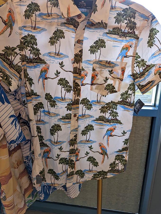 Tropical vibes and parrot paradise on a button-down that screams "I'm on vacation," even when you're just at the grocery store.