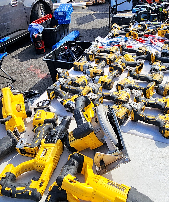 Tool paradise for DIY devotees&mdash;DeWalt yellow dominates this table like bees at a flower convention, promising power at palatable prices.