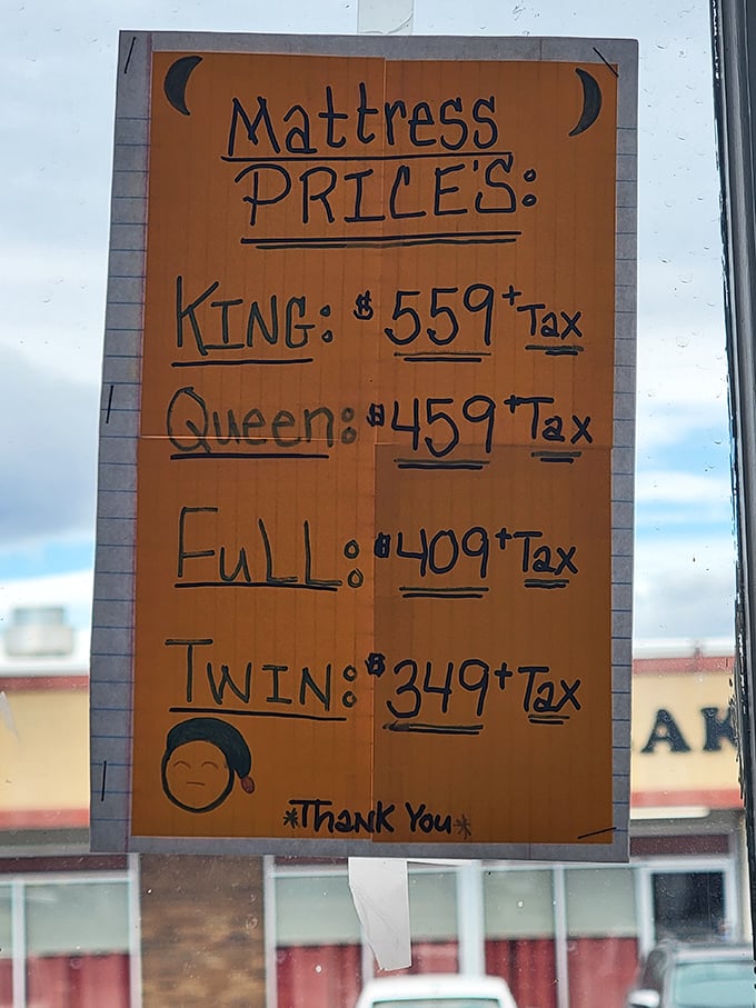 Mattress prices scrawled on orange paper&mdash;complete with hand-drawn moons and a smiley face&mdash;add homespun charm to serious savings.