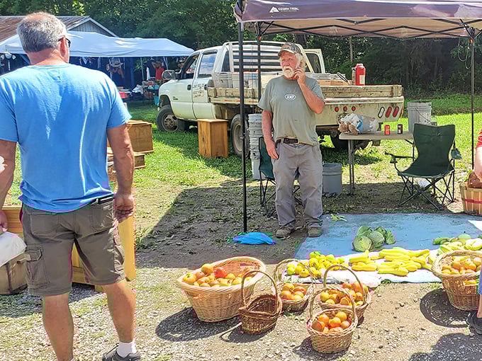 "Tomatoes shouldn't travel more than you do." Local produce fills baskets with summer's bounty, straight from nearby gardens.