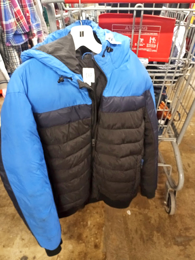 Winter-ready jackets at summer-friendly prices. This blue and black puffer has "Pittsburgh winter survivor" written all over it.
