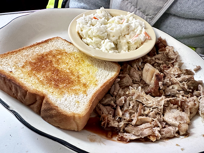 Pulled pork with potato salad and toast&mdash;no smoke and mirrors here, just honest barbecue that lets quality ingredients and time-honored technique do the talking.