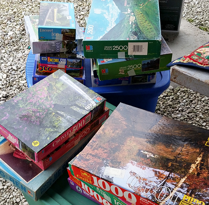Puzzles promising rainy day entertainment without WiFi required. These boxes contain thousands of tiny cardboard challenges for the patient soul.