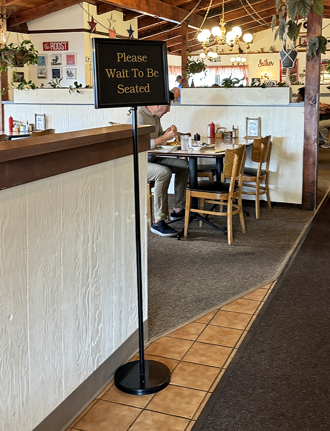 "Please Wait To Be Seated" means your breakfast adventure is about to begin in this cozy, wood-beamed dining room.