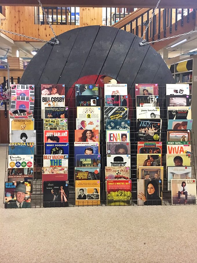 The vinyl display that makes digital music lovers question their life choices. Albums arranged like an analog rainbow of musical possibility.