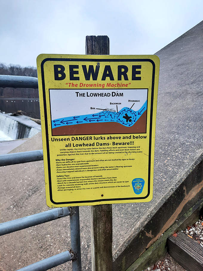 That "Beware: The Drowning Machine" sign is simultaneously terrifying and educational, like a really intense episode of Bill Nye the Science Guy.