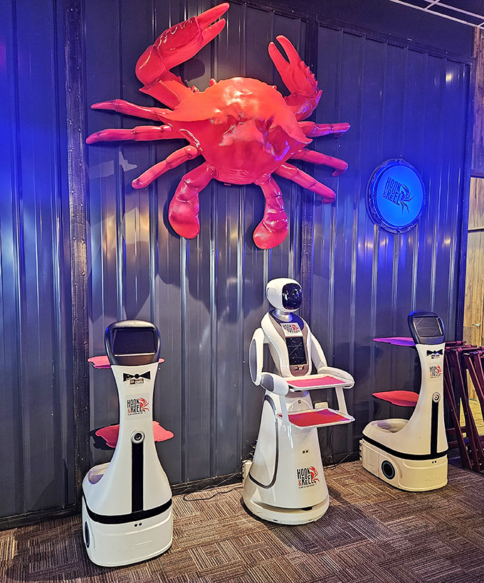 The future meets flavor! Robot servers add a surprising high-tech touch to this otherwise traditional seafood experience.