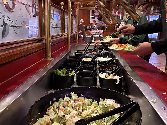 The salad bar&mdash;where good intentions meet reality. Load up on greens to justify the 16-ounce ribeye that's about to follow.