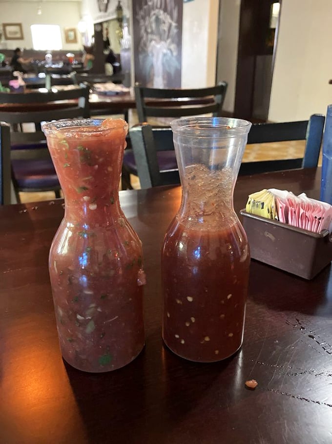 House-made salsas in carafes—liquid treasure chests of spice and tang that transform every chip into an adventure.