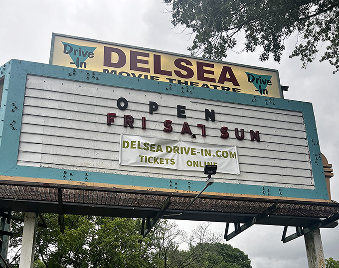 "Open Fri Sat Sun"&mdash;three simple words that promise weekend escape. The weathered marquee stands as a beacon of entertainment in Vineland.