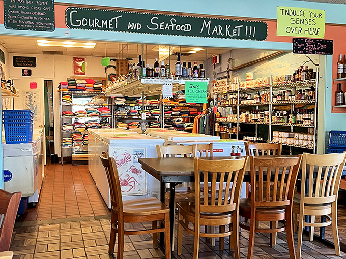 The market section: where you can take home treasures from land and sea. Like a culinary library where checking out is encouraged.