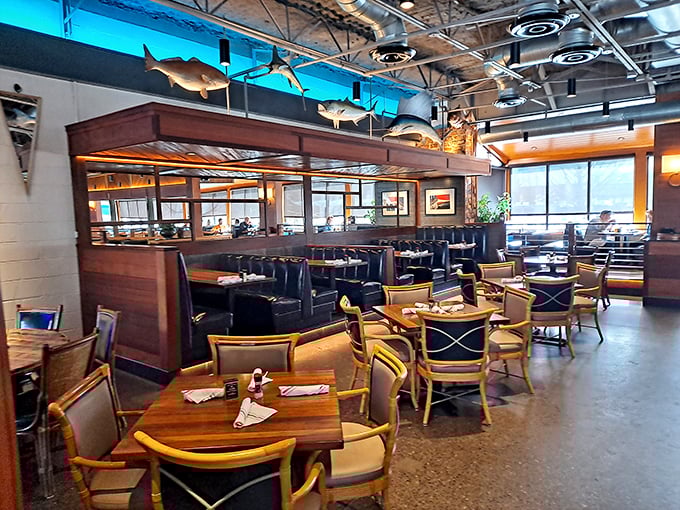 Wooden fish swim eternally above diners enjoying treasures from below the waves. The blue ceiling light creates an underwater ambiance.