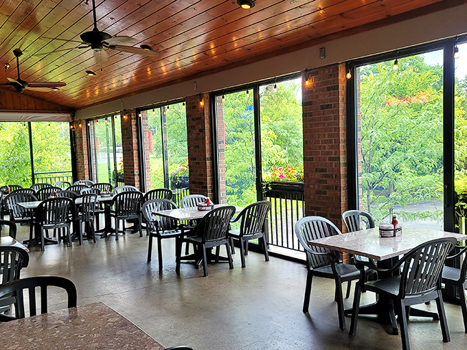 The screened porch offers a front-row seat to nature while you enjoy your meal—dinner and a show, Cincinnati-style.